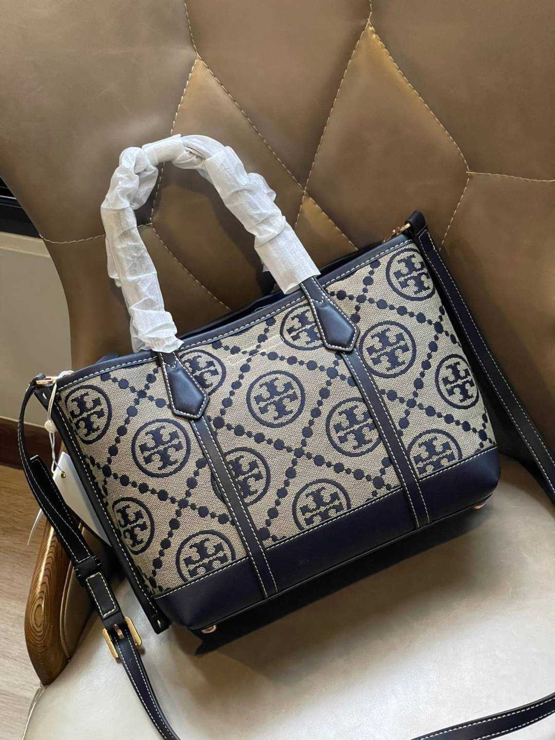 Tory burch perry monogram jacquard small triple compartment tote | LINE ...