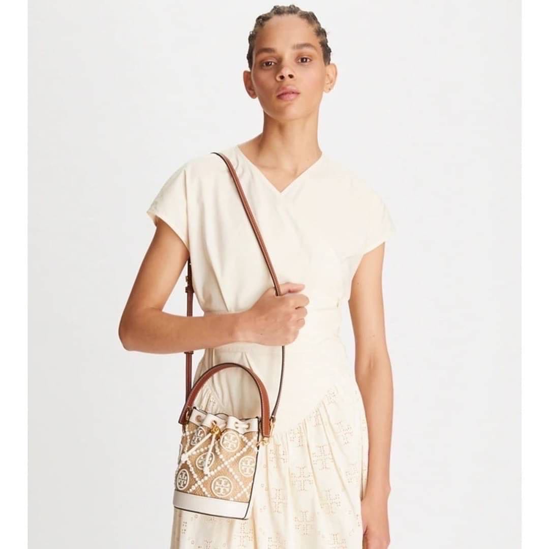 Tory Burch T Monogram Straw Mini Bucket Bag | LINE SHOPPING