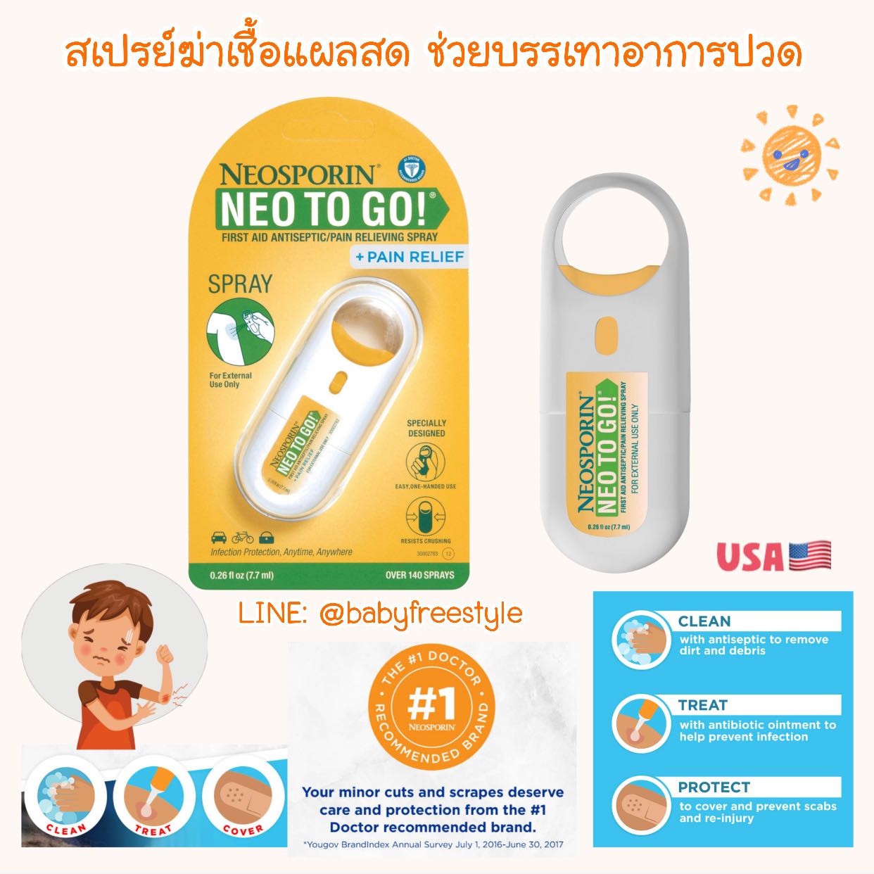 สเปรย์ฉีดแผลสด Neosporin First Aid Antiseptic/Pain Relieving Spray Neo ...