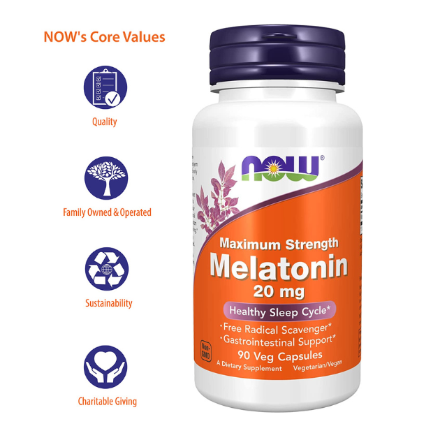 NOW Supplements, Maximum Strength Melatonin 20 mg / 90 Veg Capsules ...