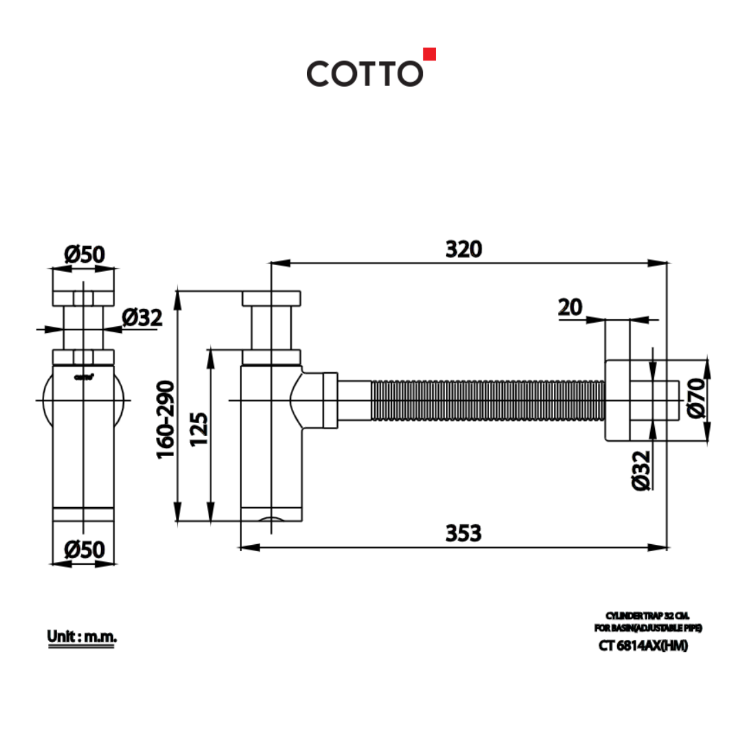 COTTO CT6814AX(HM) ท่อน้ำทิ้งอ่างล้างหน้าทรงกระบอก 32 ซม.แบบปรับท่อได้ ...